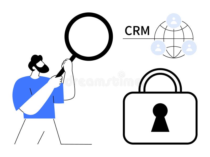 Man with Magnifying Glass Analyzing CRM System and Security Lock Symbol ...