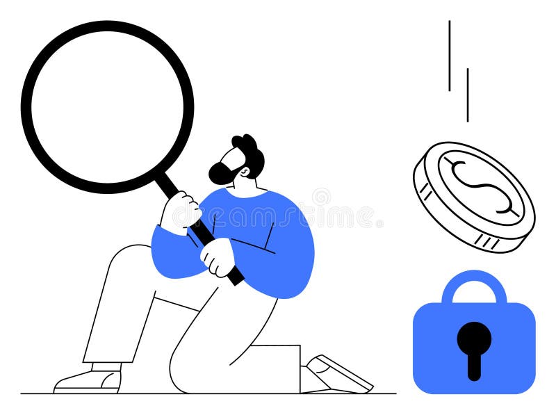 Man with Magnifying Glass Examining Money and Security Concepts in ... Man with Magnifying Glass Examining Money and Security Concepts in ...
