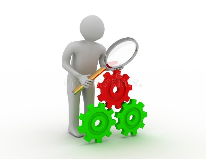 Man with a Magnifying Glass and Gear Mechanism .3d Rendered ...