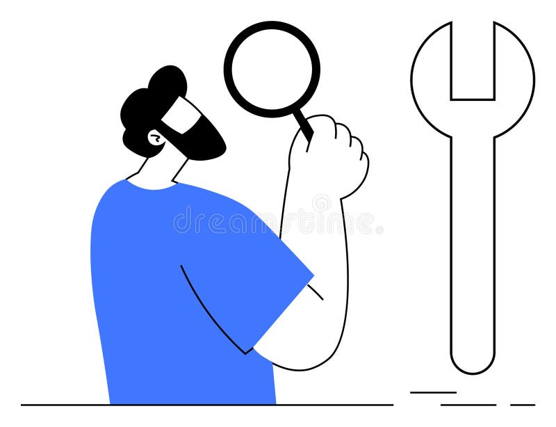 Man with Magnifying Glass and Wrench Represents Problem Solving and ...