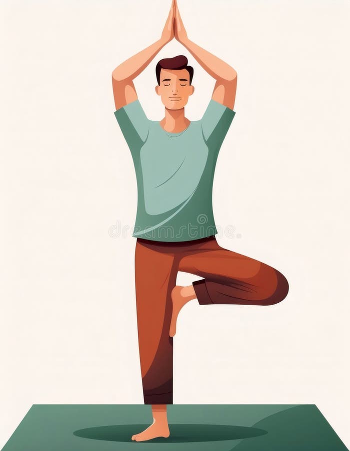 Man Maintaining Balance in Tree Pose on Yoga Mat, Promoting Mindfulness ...