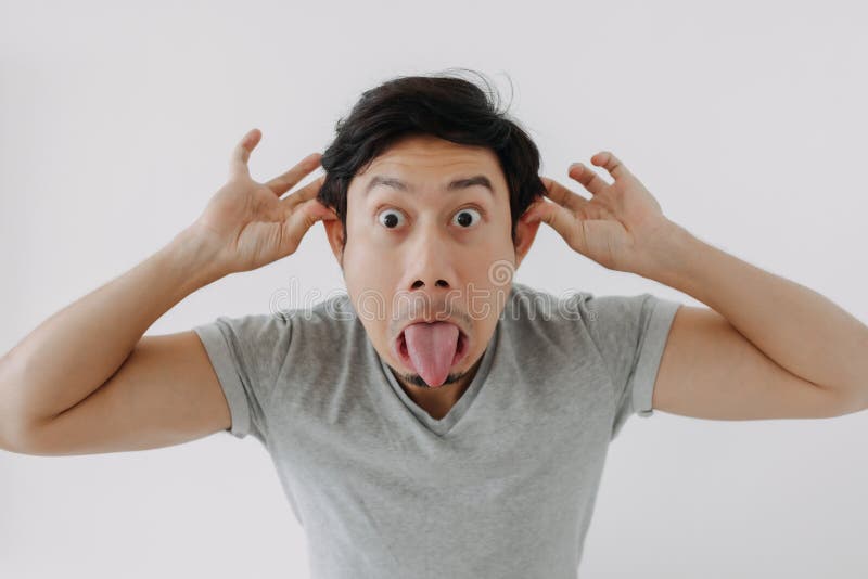Man Make Funny Teasing Face for Humor Isolated on White. Stock Photo ...