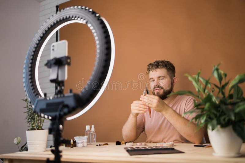 Man Make Up Vlogger Recording Broadcast about Cosmetics and Tutorials ...
