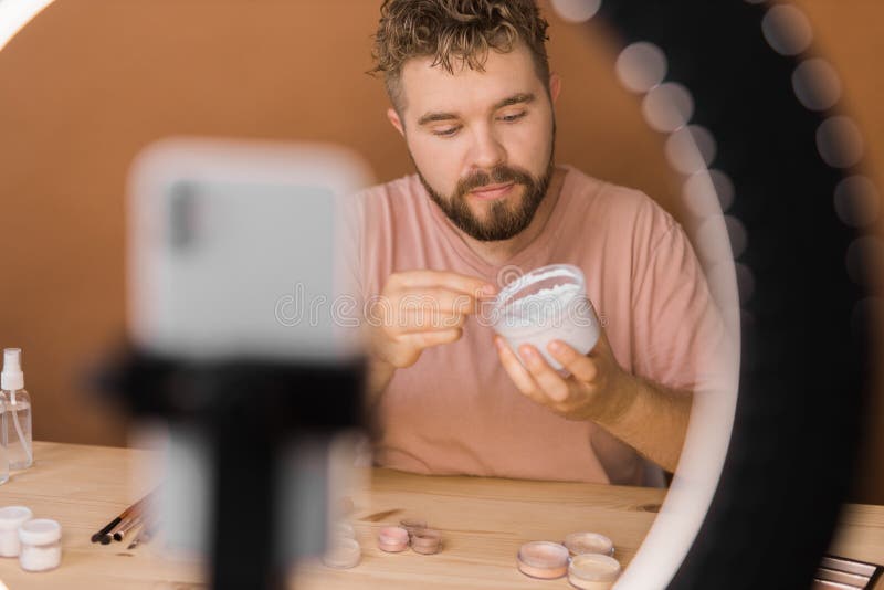 Man Make Up Vlogger Recording Broadcast about Cosmetics and Tutorials ...