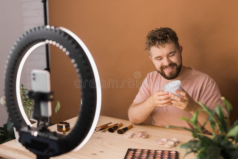 Man Make Up Vlogger Recording Broadcast about Cosmetics and Tutorials ...
