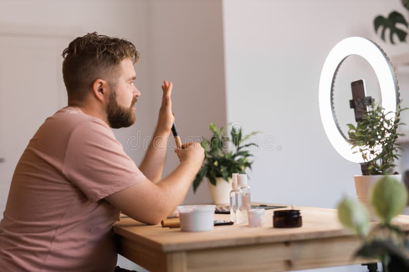 Man Make Up Vlogger Recording Broadcast about Cosmetics and Tutorials ...