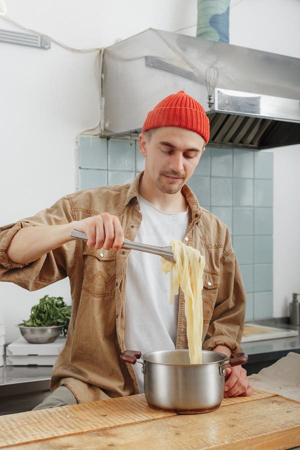 Man Makes Handmade Pasta in a His Cafe Stock Photo - Image of making ...