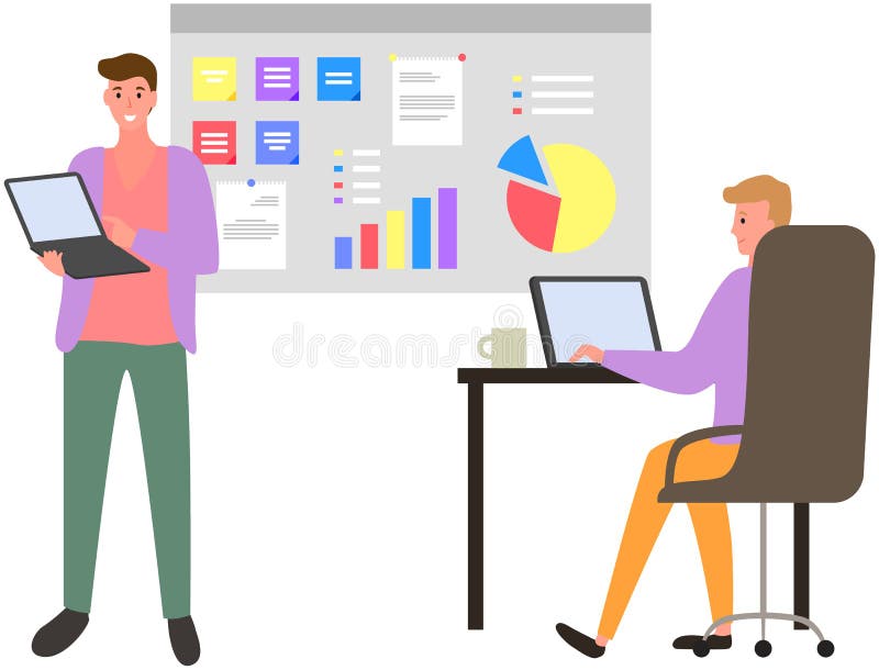 Man Makes Presentation of Business Indicators. Employees Working with ...