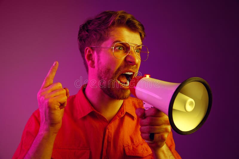 Guy making announcement stock photo. Image of screaming - 79648926