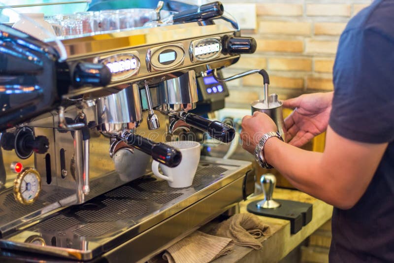 A Man Making Coffee in the Coffee Machine Stock Image - Image of fresh ...