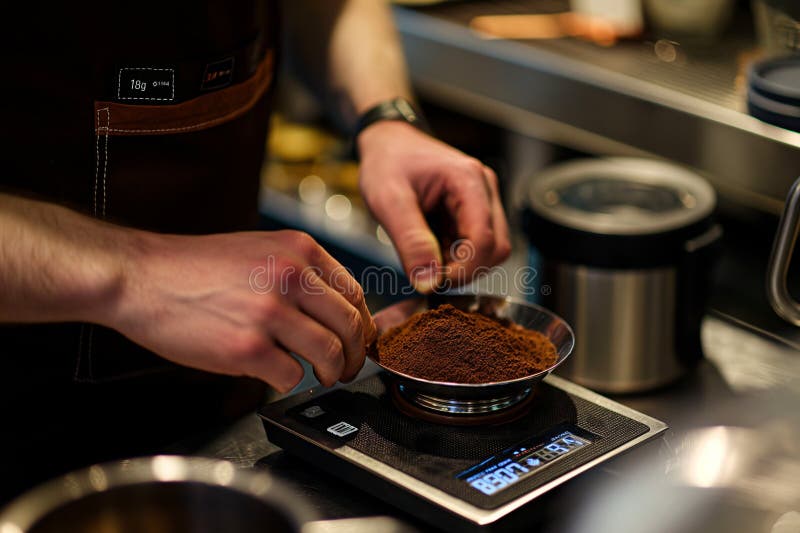 A Man is Making Coffee and Measuring the Amount of Coffee Grounds Stock ...