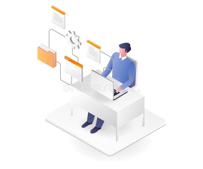 Man Making Documents at Computer Desk Stock Vector - Illustration of ...