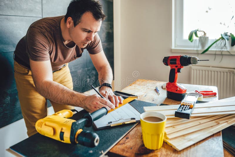 Man Making Draft Plan Using Pencil Stock Photo - Image of coffee ...