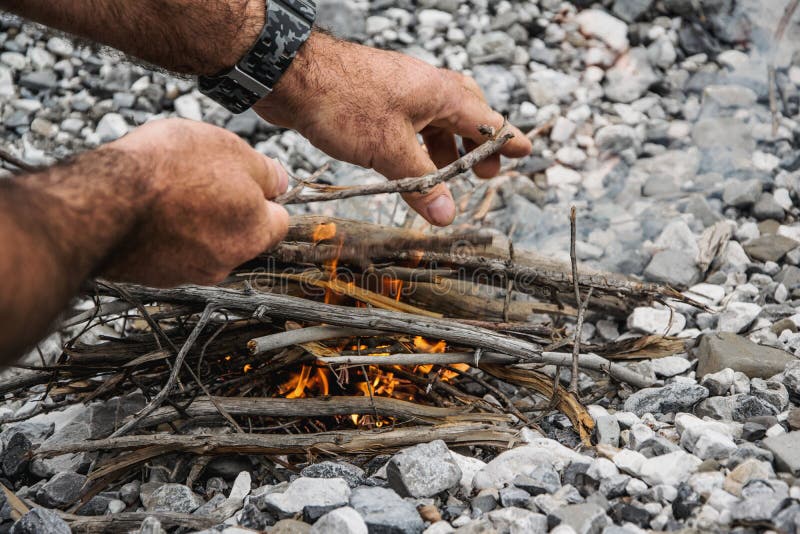 Man is Making the Fire in Nature Stock Photo - Image of bright ...