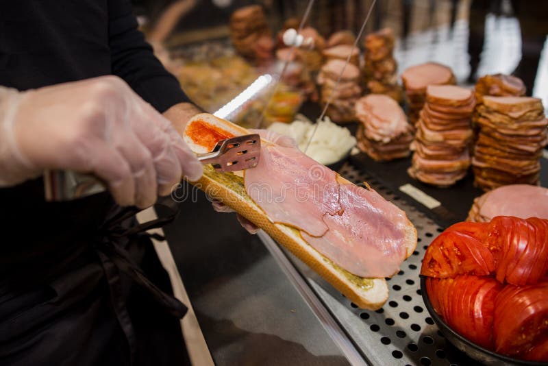 Man Making Ham Sandwich Toast and Sauce Stock Photo - Image of cream ...