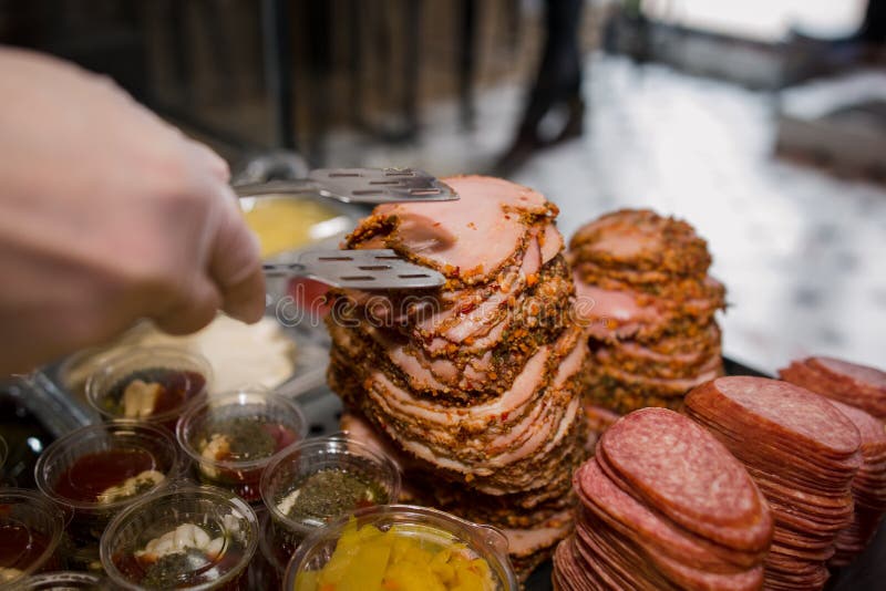 Man Making Ham Sandwich Toast and Sauce Stock Photo - Image of closeup ...