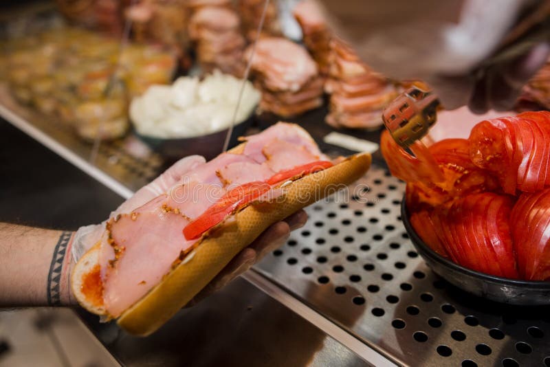 Man Making Ham Sandwich Toast and Sauce Stock Photo - Image of ...