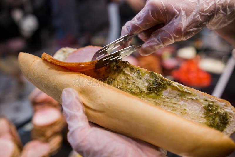 Man Making Ham Sandwich Toast and Sauce Stock Image - Image of cooking ...
