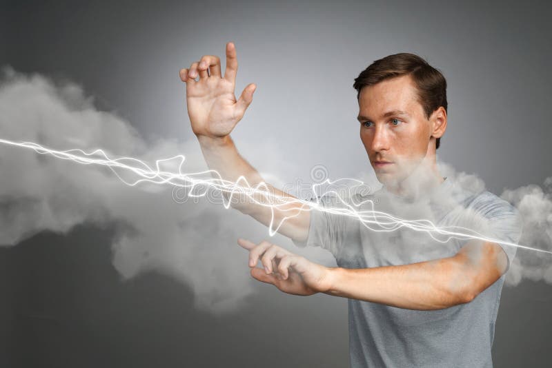 Man Making Magic Effect - Flash Lightning. the Concept of Electricity ...