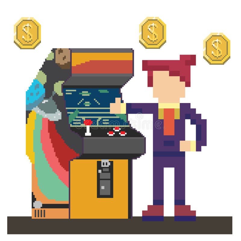 Man with Arcade Game Machine Stock Illustration - Illustration of pixel ...