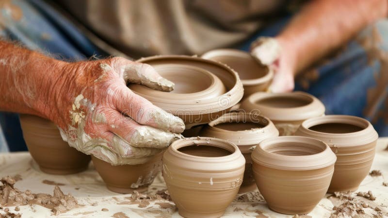 A Man is Making Pottery, and the Pots are Sitting on a Table Stock ...