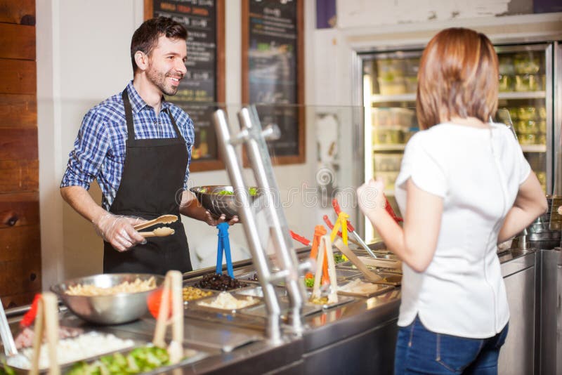 Man Making a Salad for a Customer Stock Image - Image of counter ...