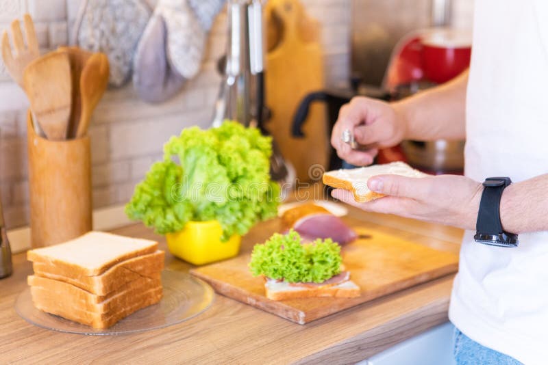 Man Making Sandwich on the Kitchen Stock Image - Image of fresh ...