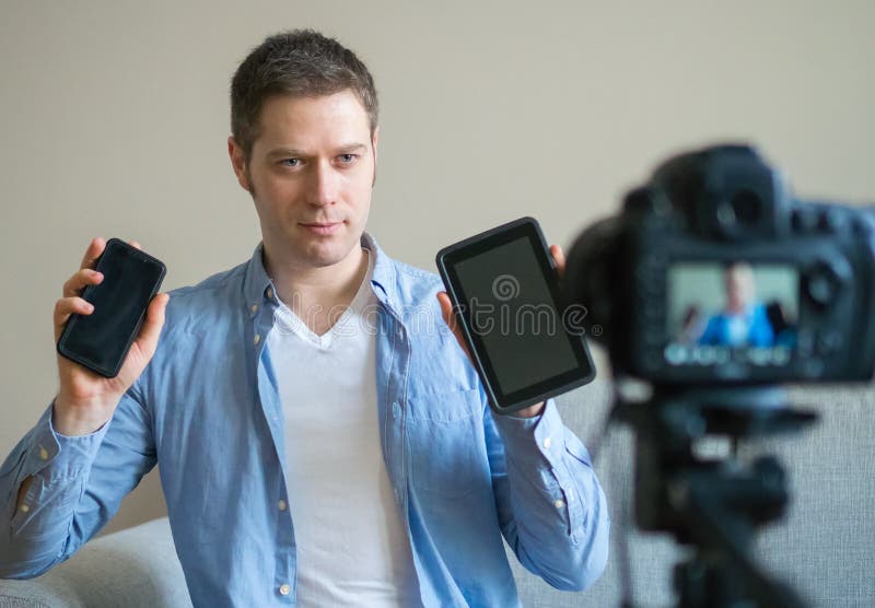 Man making video blog. stock photo. Image of mobility - 110318722