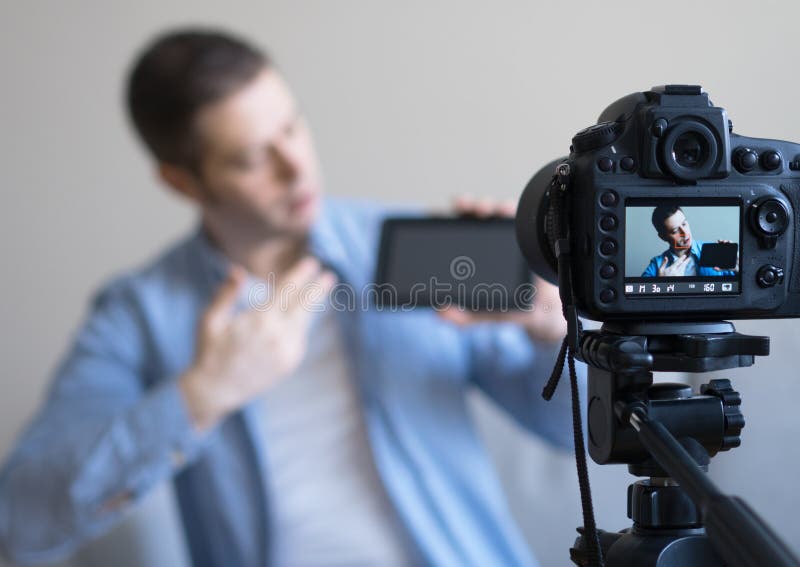 Man Making Video Blog about Tablet Pc. Stock Image - Image of blog ...