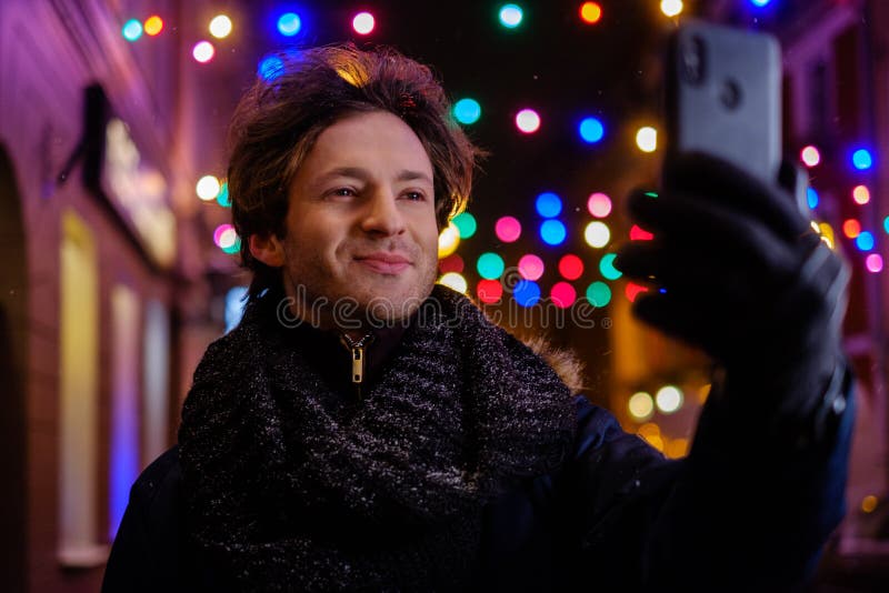 Man Making Selfie on a Cold Winter Evening Stock Photo - Image of cold ...
