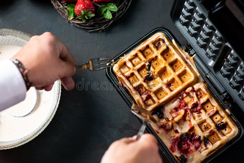 Man Making Waffles on a Waffle Machine Stock Image - Image of dessert ...