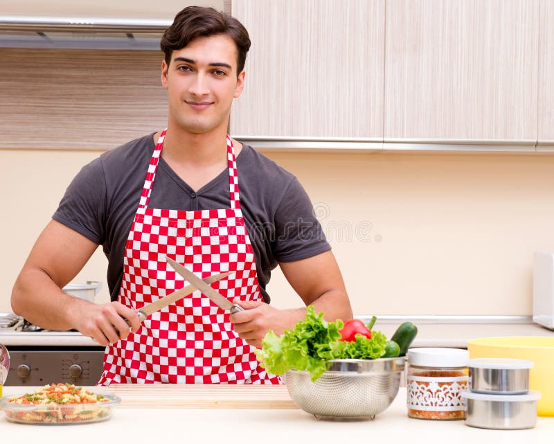 Man Male Cook Preparing Food in Kitchen Stock Image - Image of apron ...