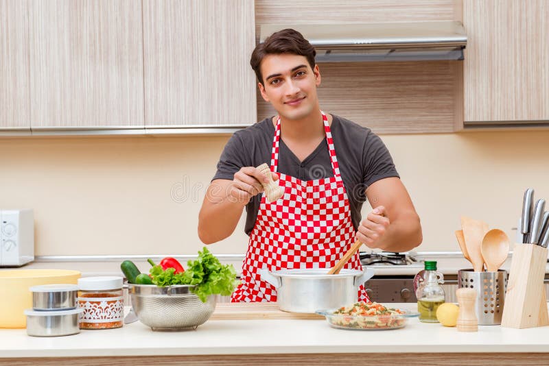 The Man Male Cook Preparing Food in Kitchen Stock Image - Image of ...
