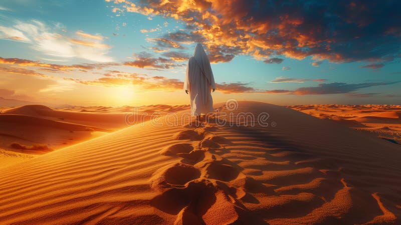 A Man in a White Robe Walks Across a Desert Stock Illustration ...