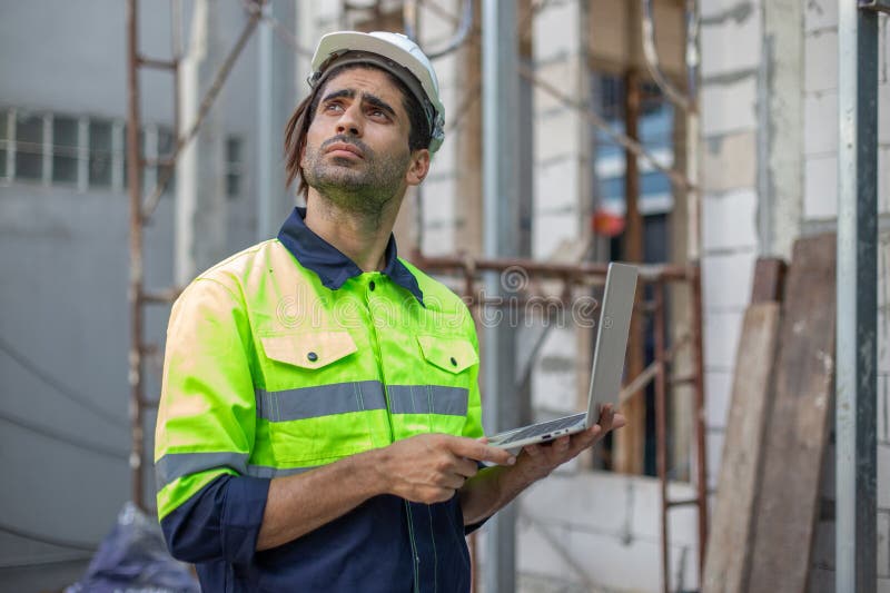 Man Manager Engineer Builder House Construction Using Laptop Check ...