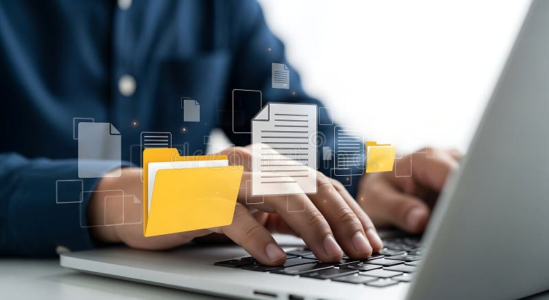 Man Managing Digital Documents on a Laptop with Graphic Folder Icons ...