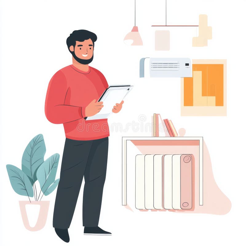 Man Managing Home Climate with Control Panel in Modern Living Room ...