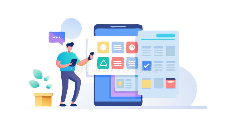 Man Managing Mobile App Interface, Digital Marketing and UI UX, Vector ...