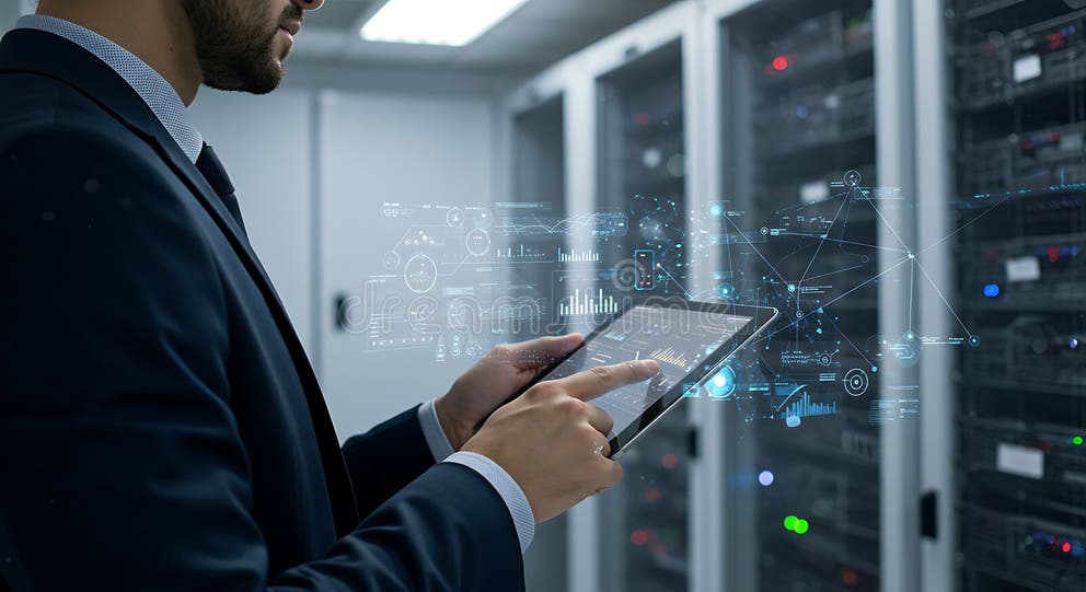 Man Managing Server Room with Tablet and Data Visualization Interface Stock Illustration ...