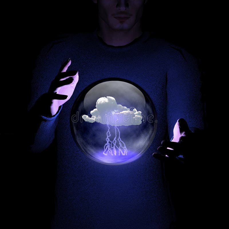 Man Manipulation of Sphere Conmtaining Cloud and Lightning Stock ...