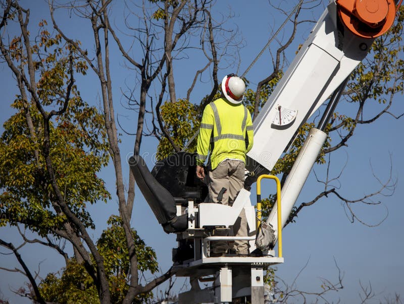 A Man on a Manlift Looking Up To Check on Work in Progress Stock Photo ...