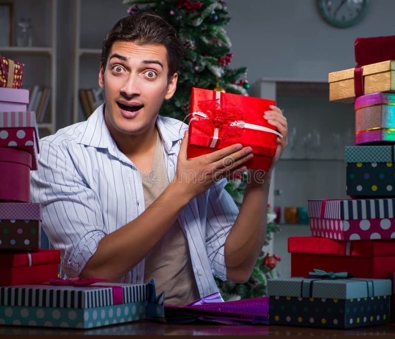 Man with Many Christmas Gifts in Boxes Stock Image - Image of opening ...
