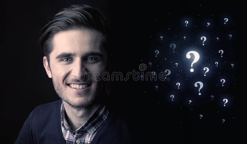 Man with Many Question Mark Near Him Stock Photo - Image of portrait ...