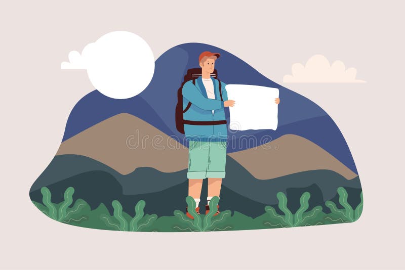 Man with map in camping stock vector. Illustration of mountains - 239371623