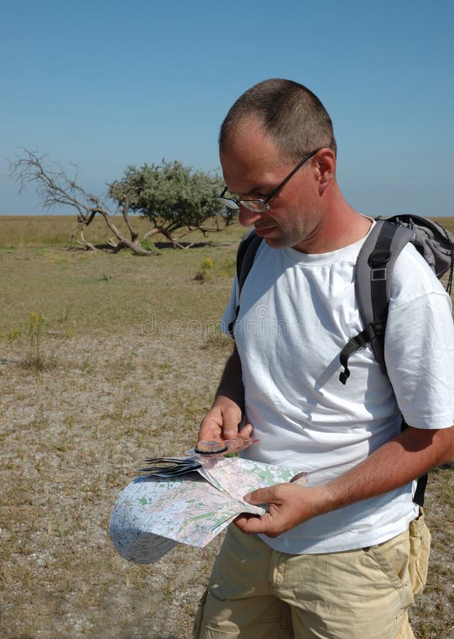 Man with Map and Compas - Orienteering Outdoors Stock Image - Image of ...