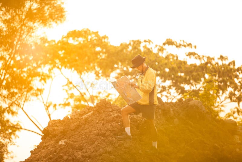 Man with a Map Outdoors Trekking Adventure Stock Photo - Image of ...