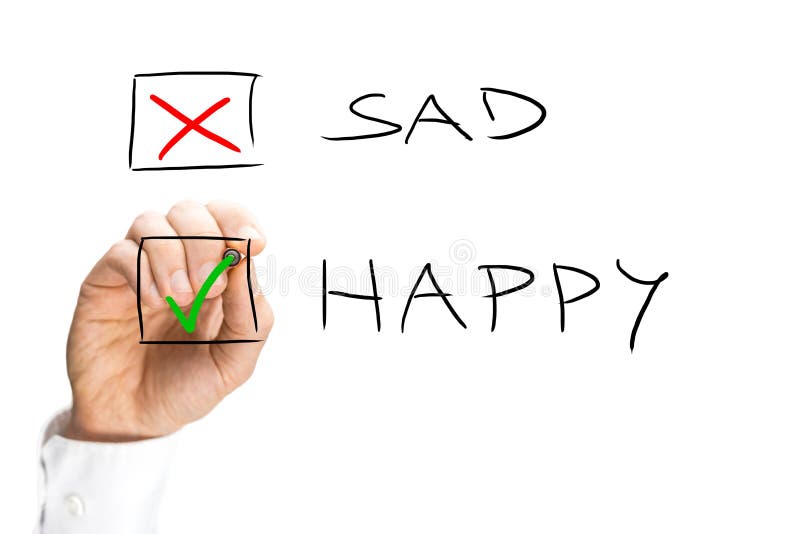 Man Marking X on Sad and Check on Happy Stock Image - Image of ...