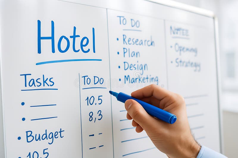 Man Marks Hotel Task List, Budget and Strategy on Whiteboard with Blue Marker in Light Setting ...