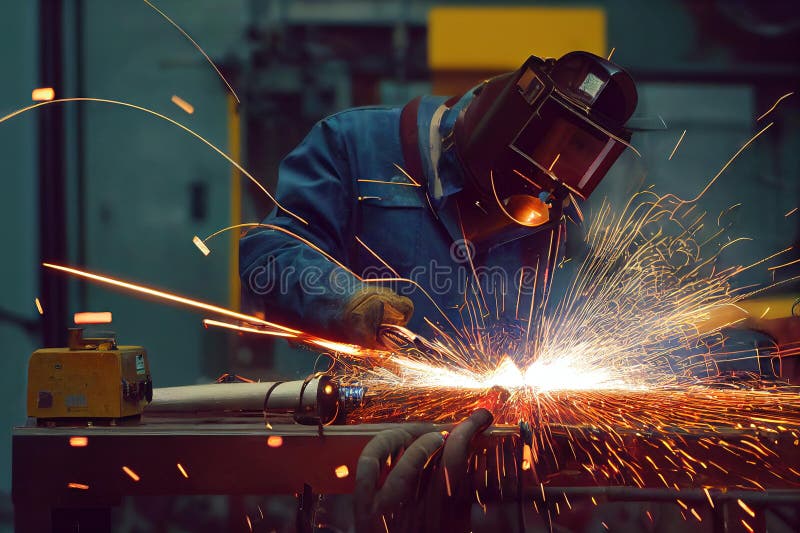 Man in Mask Bent Over Machine Welding Process with Steel. Stock ...