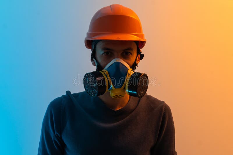 Man in a Mask with a Filter and a Helmet Stock Image - Image of worker ...
